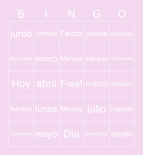Los Dias de los meses Bingo Card