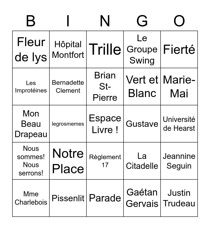 Bingo Journée Franco-Ontarienne Bingo Card