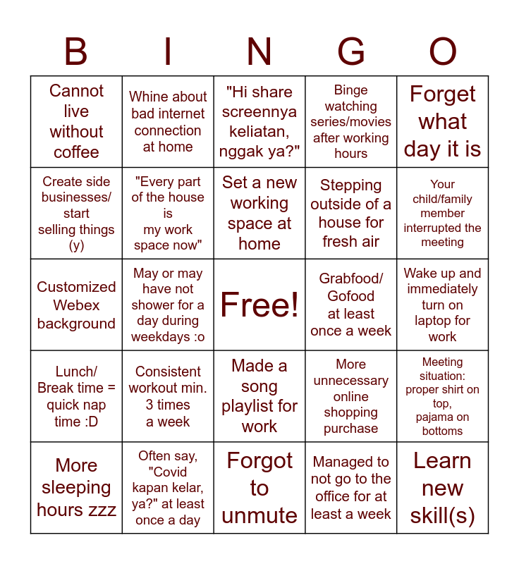 DM WFH Bingo Card