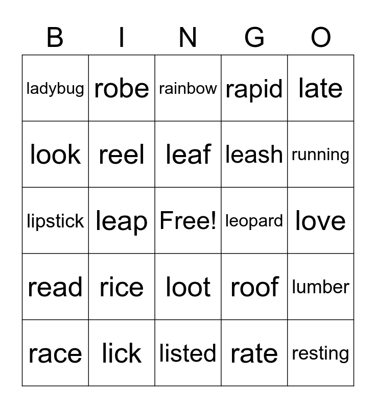 R & L words: initial Bingo Card