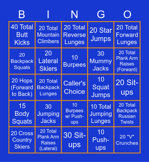Fitness Bingo Card