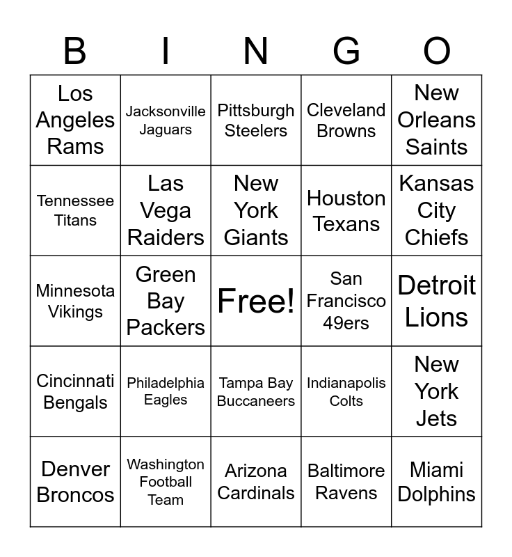 NFL BINGO Card