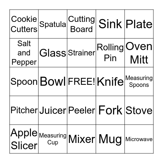 Kitchen Bingo Card