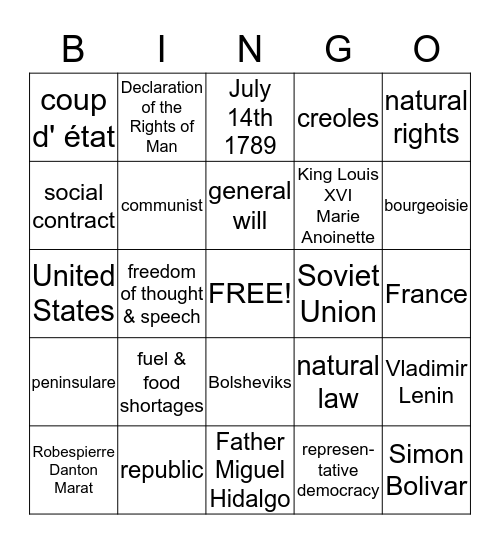 Enlightenment and Revolutions Bingo Card