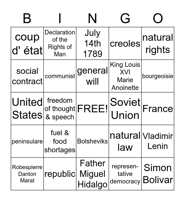 Enlightenment and Revolutions Bingo Card