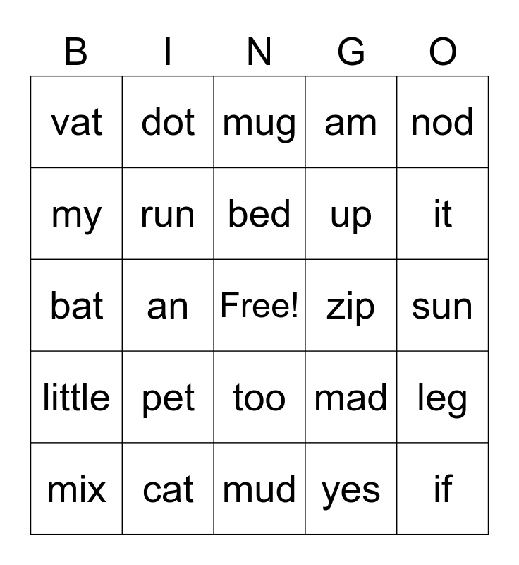 Short Vowel Words Bingo Card
