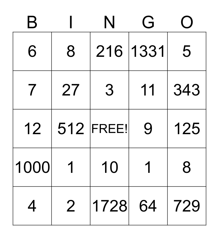 Cubed Numbers Bingo Card