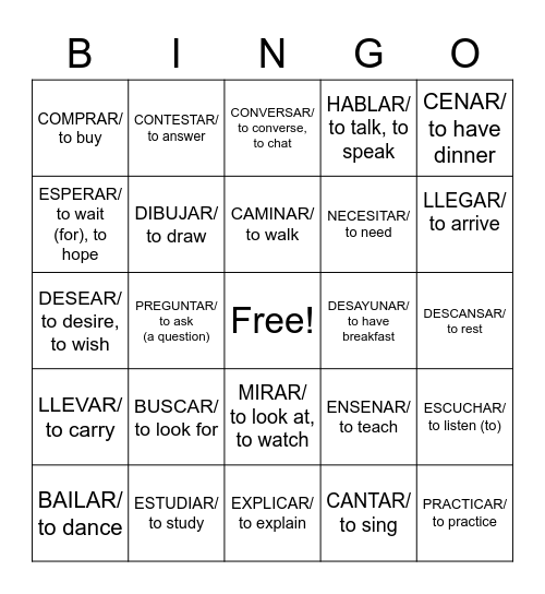 BINGO PARA APRENDER VERBOS Bingo Card