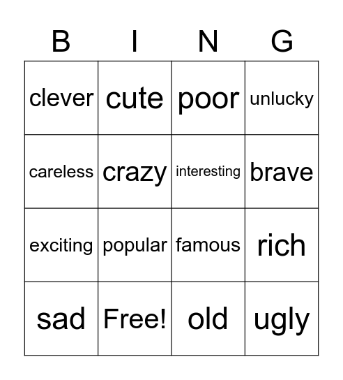 Adjective BINGO Card