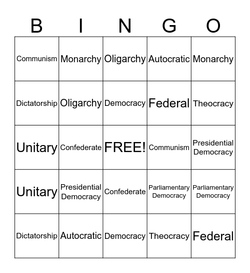 Government Bingo Card