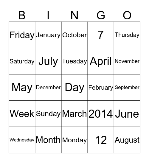 DAYS OF THE WEEK Bingo Card