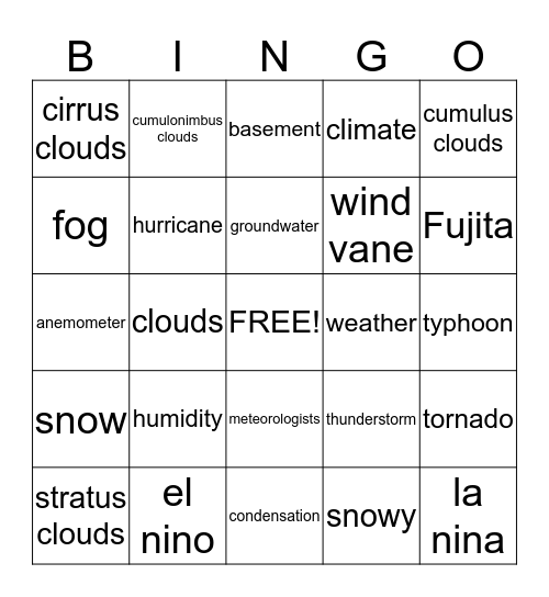 Weather Bingo Card