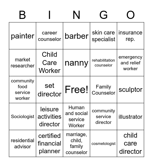 Human Services Career Cluster Bingo Card