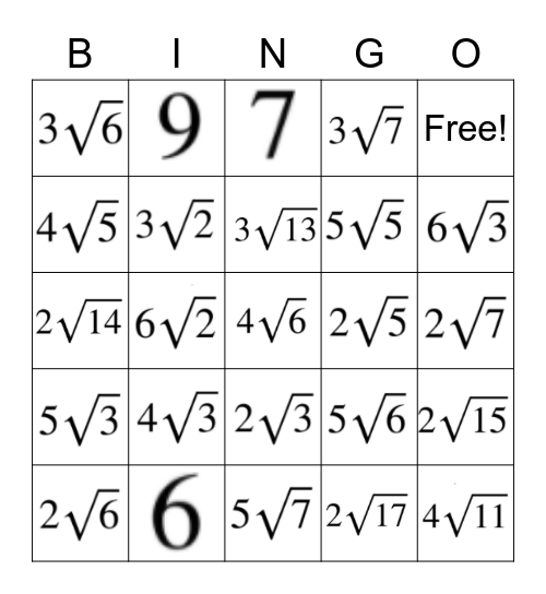 Simplify Radicals Bingo Card