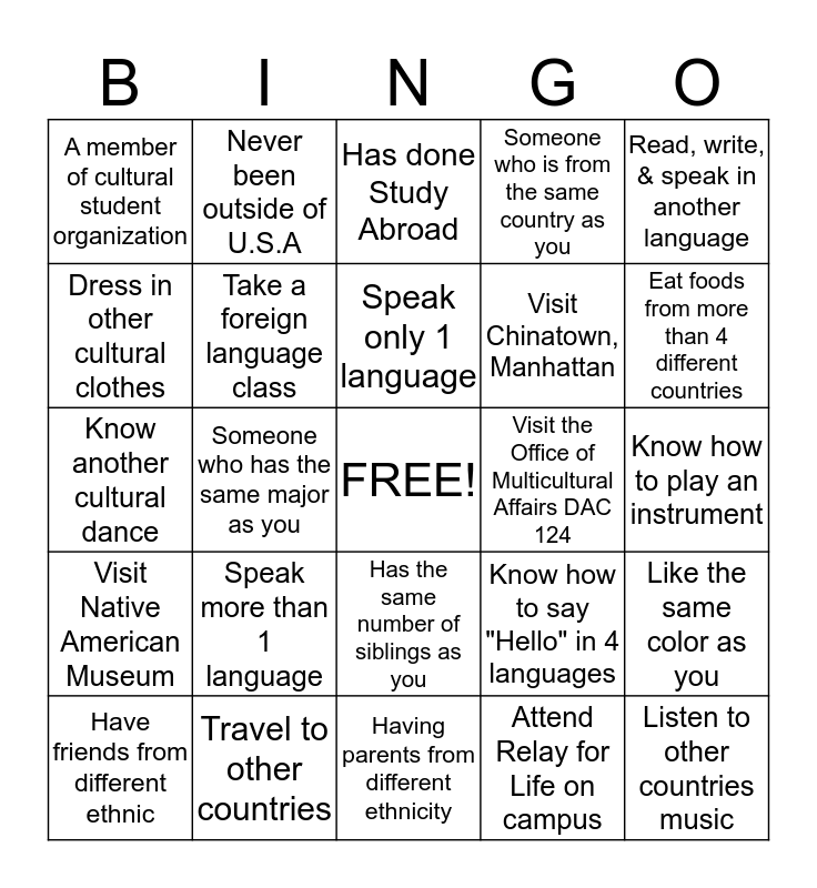 Multicultural Bingo Card