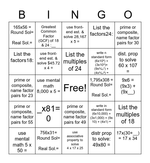 6th Grade Chapter 2 Test Review Bingo Card