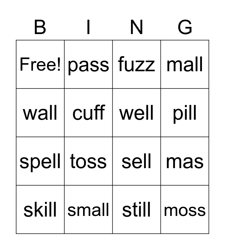 Spelling Bingo Card