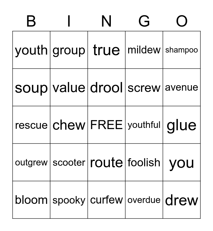 Vowel Teams oo / ou / ew / ue Bingo Card