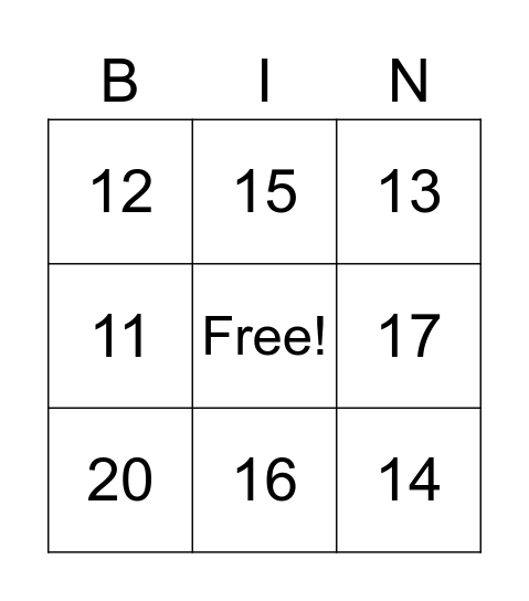 Numbers 11/20 Bingo Card