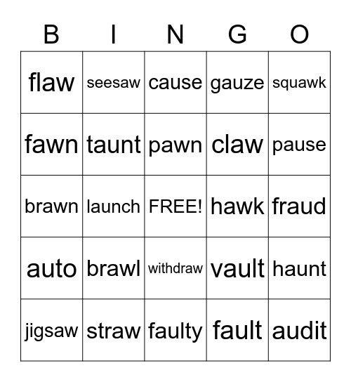 Vowel Teams au / aw Bingo Card