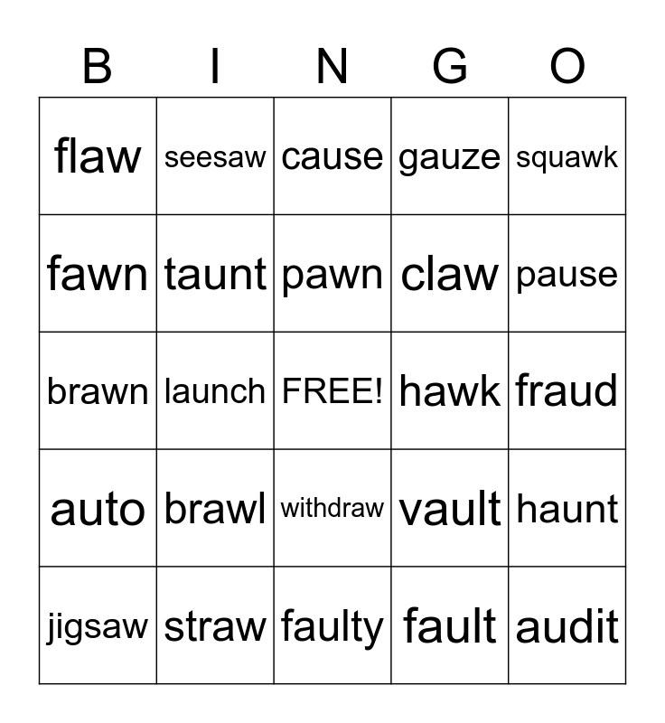 Vowel Teams au / aw Bingo Card