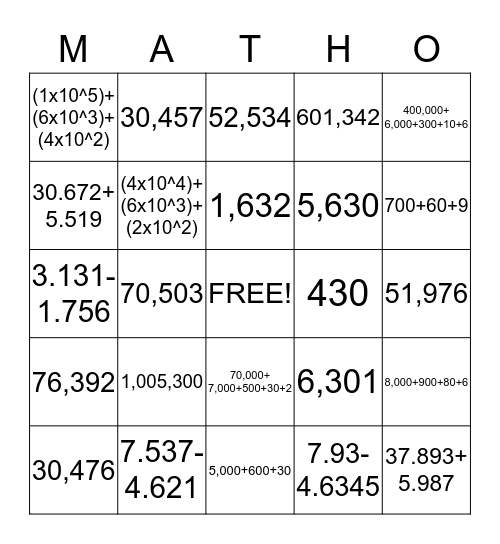 MATHO Bingo Card
