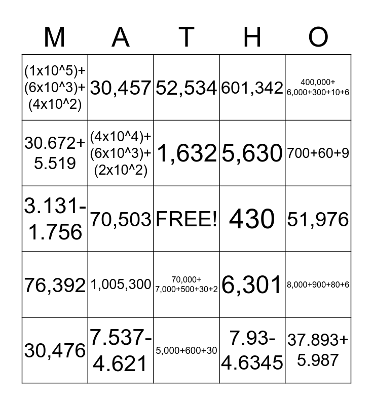 MATHO Bingo Card