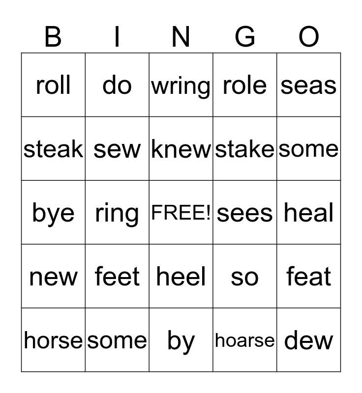 Homophone Bingo Card
