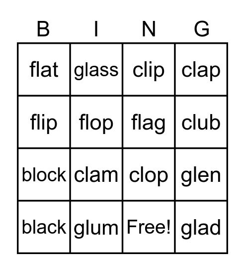 L blends - bl, cl, fl, gl Bingo Card