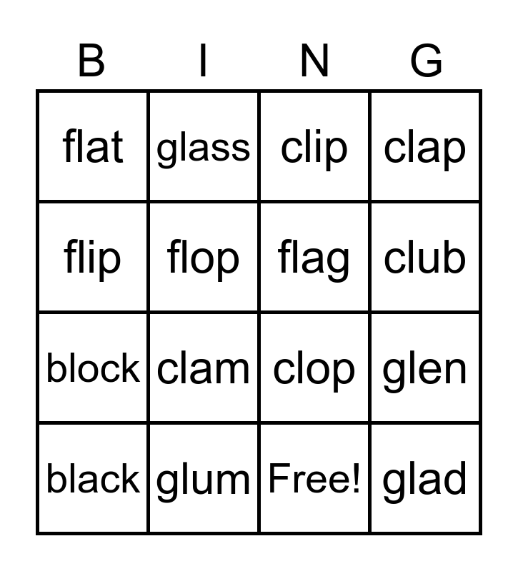 L blends - bl, cl, fl, gl Bingo Card
