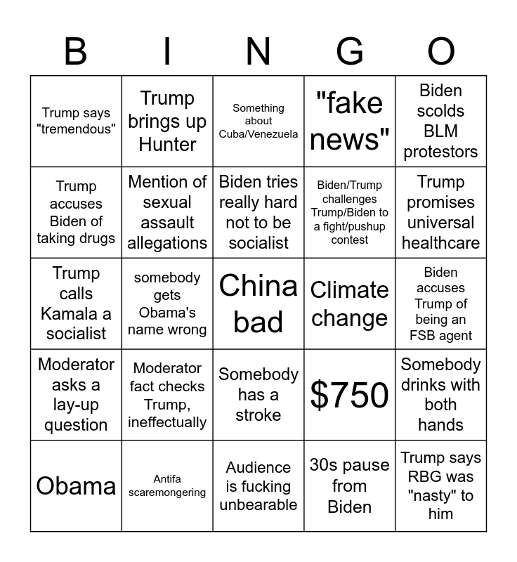 Presidential Debate Bingo Card
