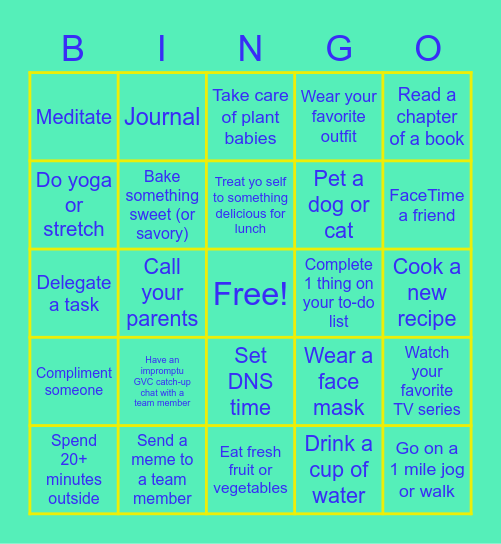 Wellness Bingo Card