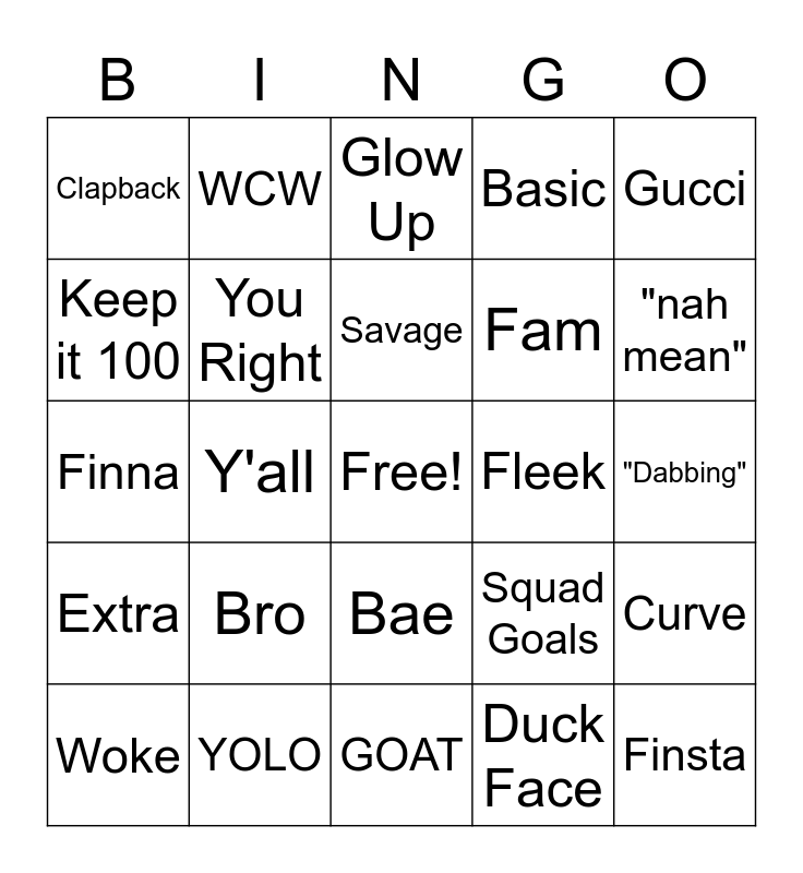 Slang Bingo Card