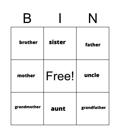 Family Words Bingo Card