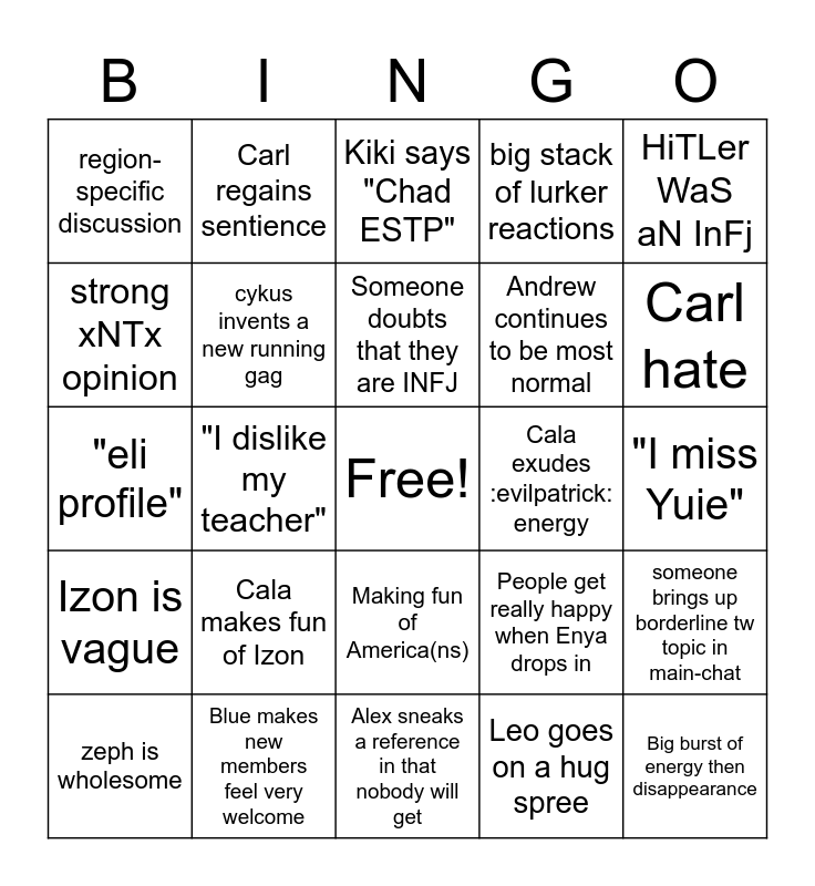 INFJ Discord Bingo Card