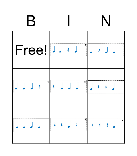 Quarter Note/Rest Rhythms Bingo Card