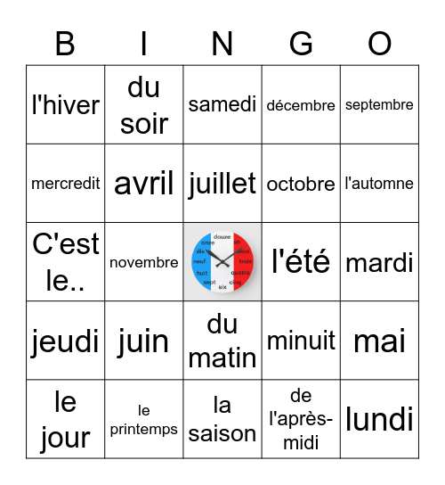 Days, Months, Seasons, Time Loto Bingo Card