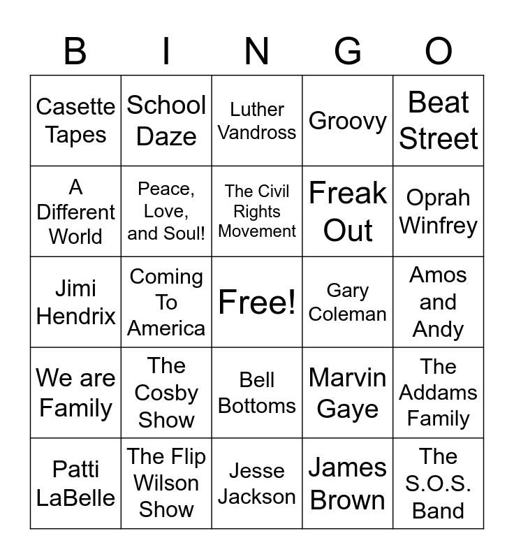 60s 70s and 80s Theme Bingo Card
