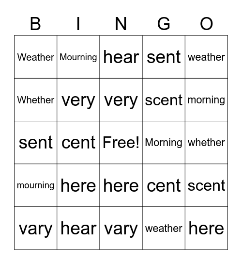 Homophone Bingo Card