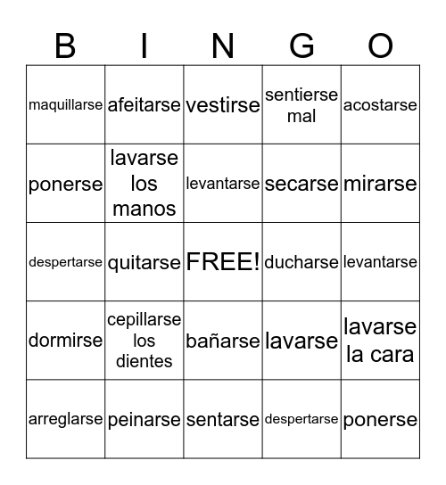 REFLEXIVE VERBS Bingo Card
