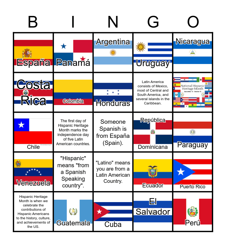 National Hispanic Heritage Month Bingo Card