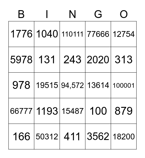 Números Altos Bingo Card
