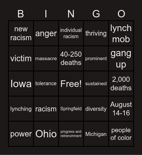 Black Massacres in the United States Bingo Card