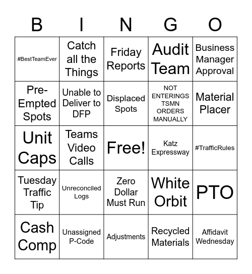 Traffic Bingo Card