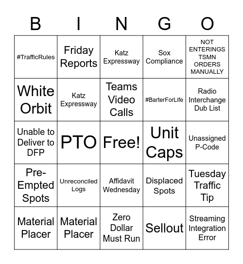 Traffic Bingo Card