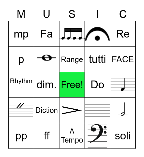Music Bingo - Dynamics, Notes, and Rests! Bingo Card
