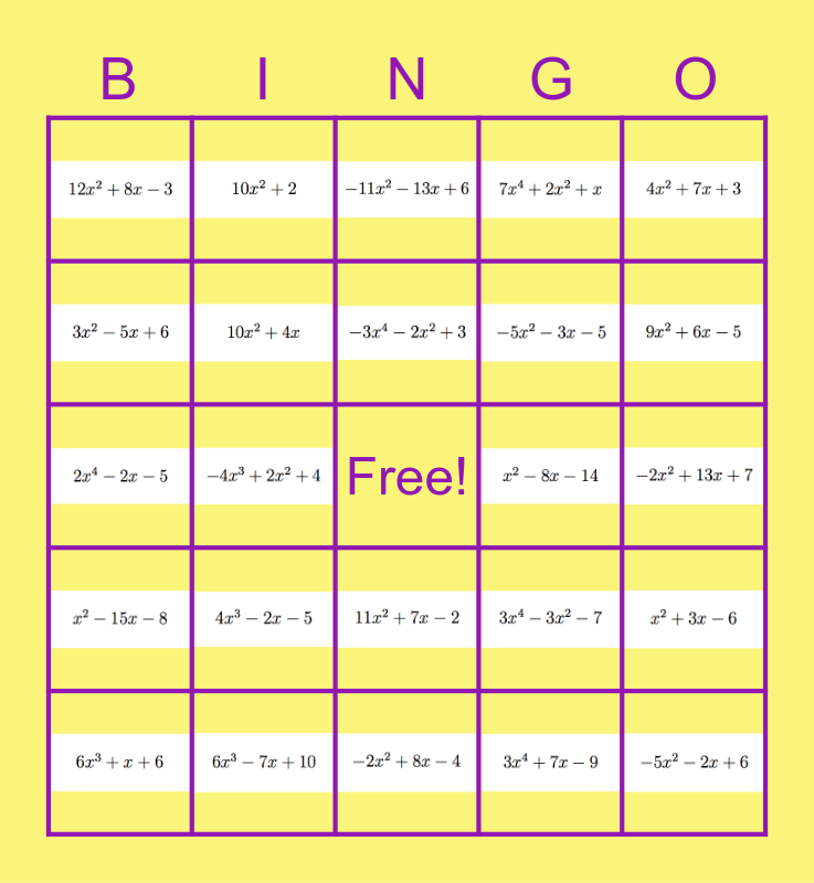 POLYNOMIAL ADDING & SUBTRACTING Bingo Card