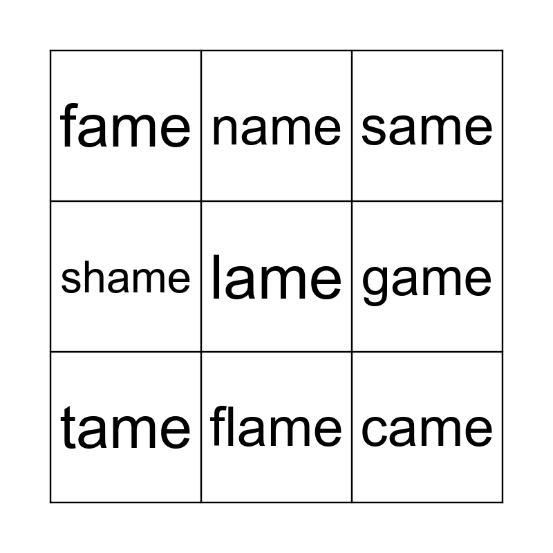 -ame words Bingo Card