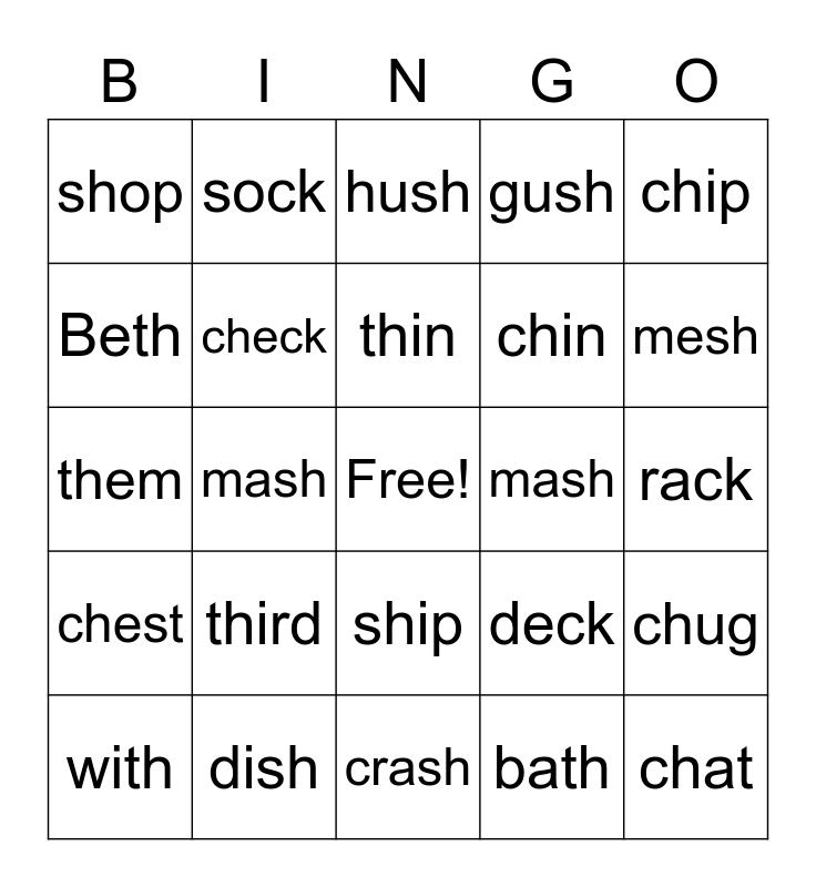 Digraph BINGO Card
