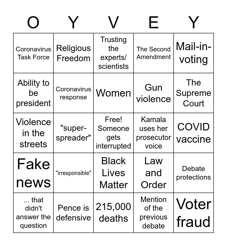 Sept 2020 Vice Presidential Debate Bingo Card